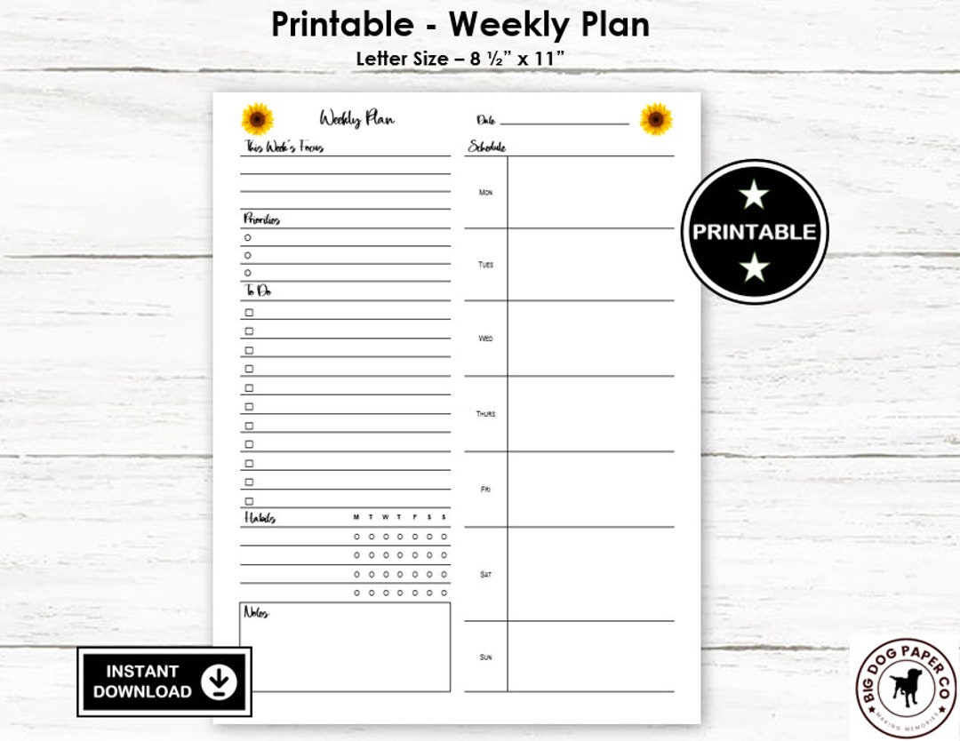 Sunflower Printable Weekly Planner Undated, Printable Weekly Schedule ...