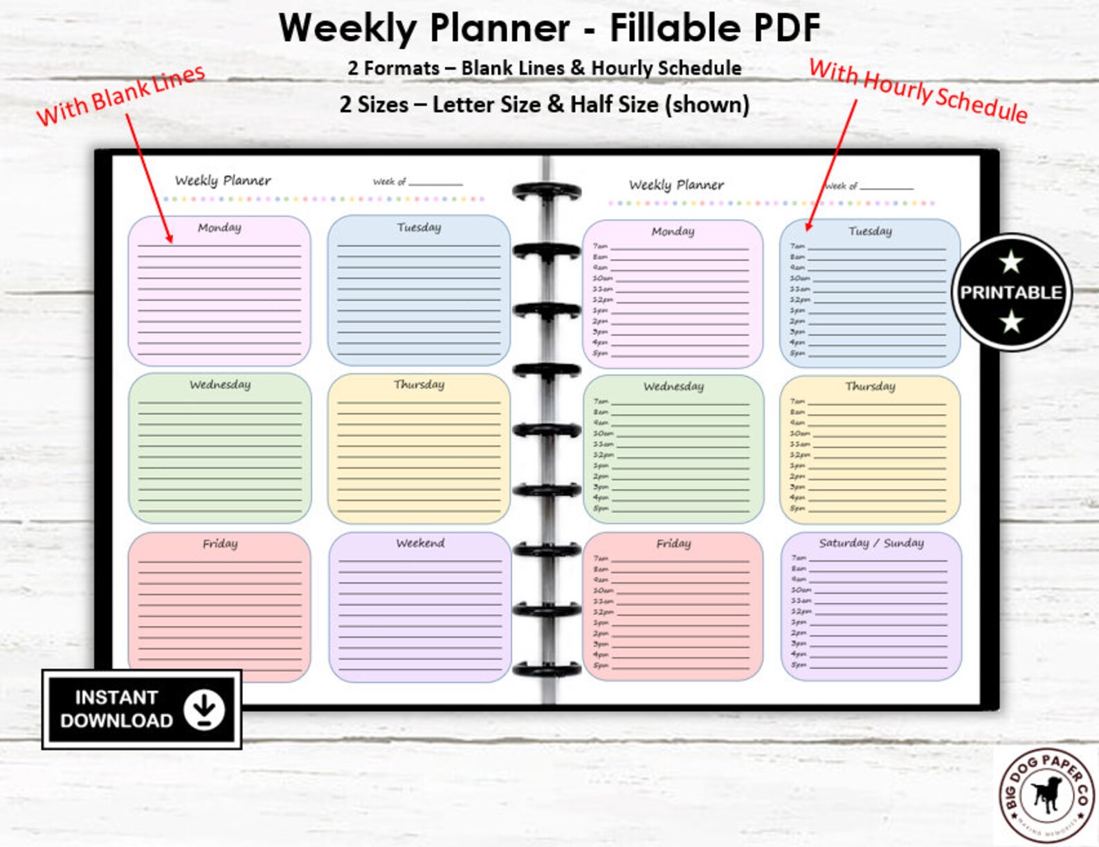 PRINTABLE & FILLABLE Weekly Planner, Fillable Hourly Schedule and Blank ...