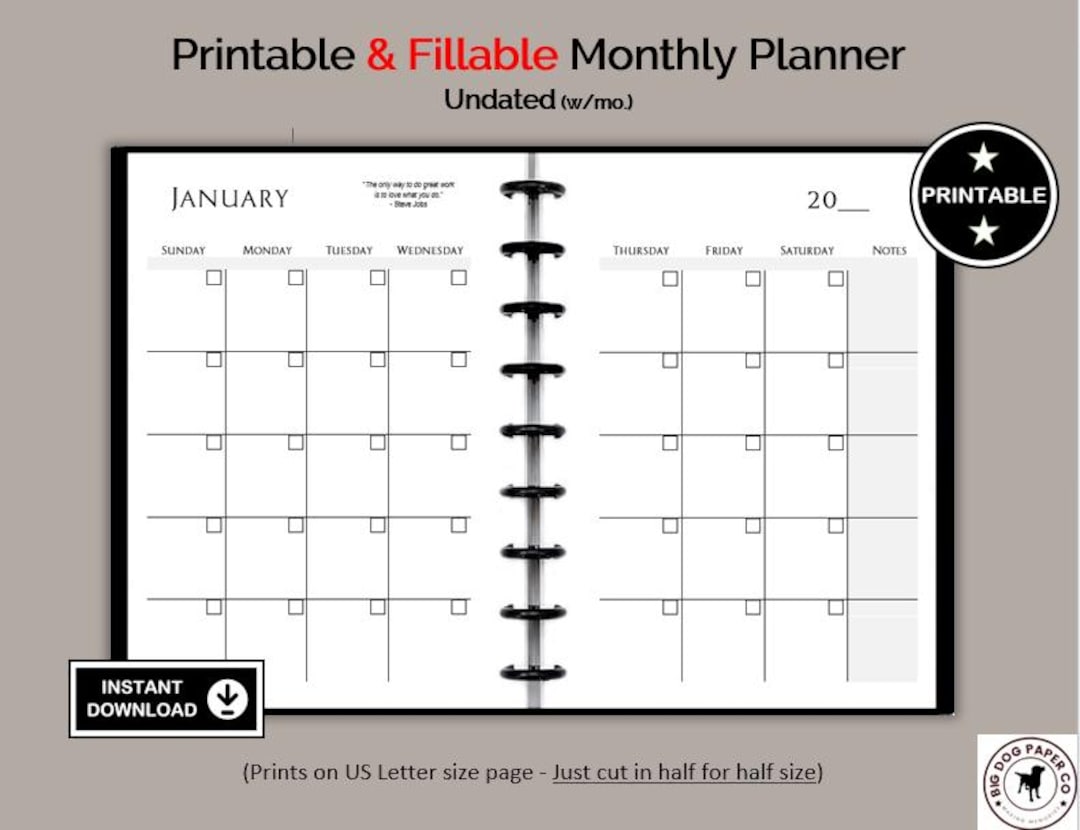 PRINTABLE & FILLABLE Monthly Planner, Monthly Planner Page Insert, Half ...