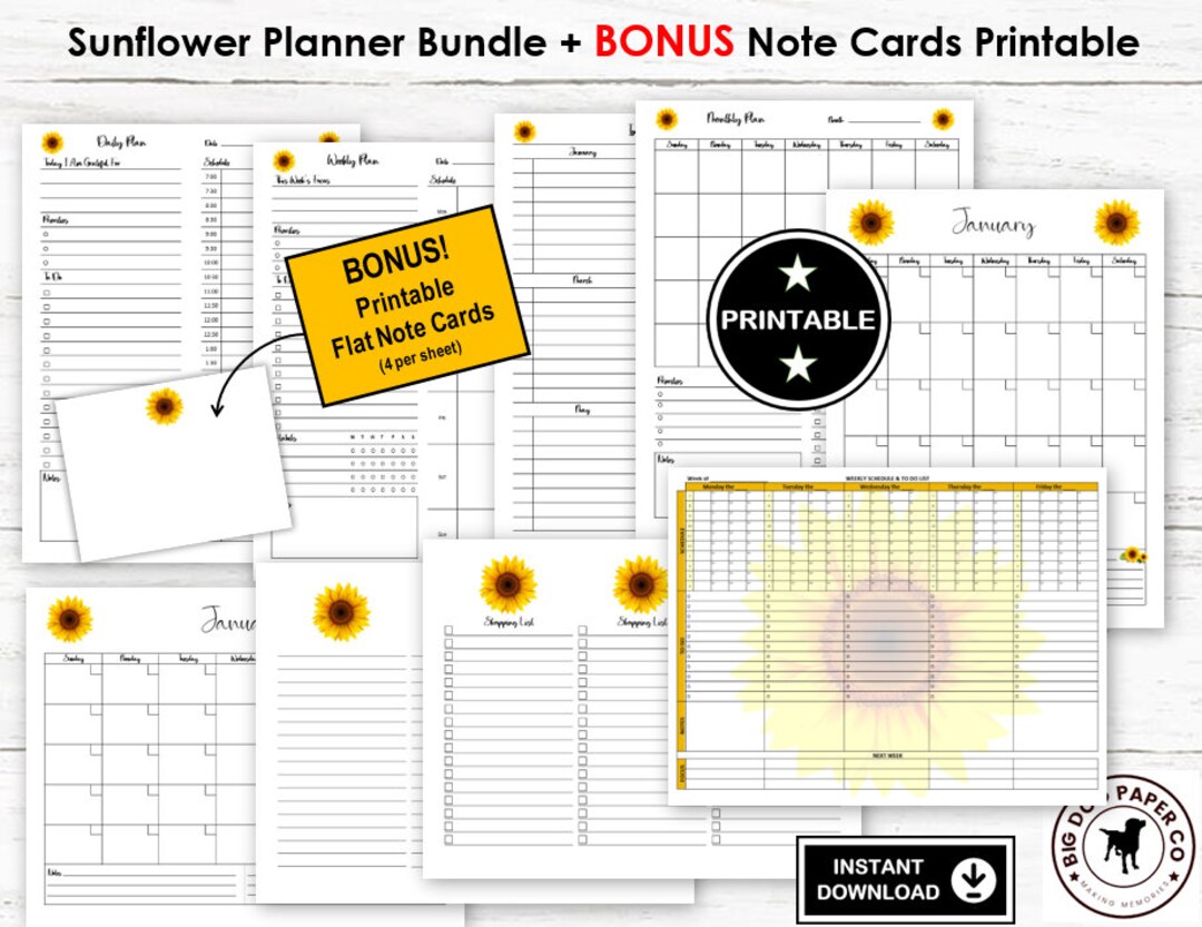 Sunflower Printable Planner Bundle Undated, BONUS Flat Note Cards ...