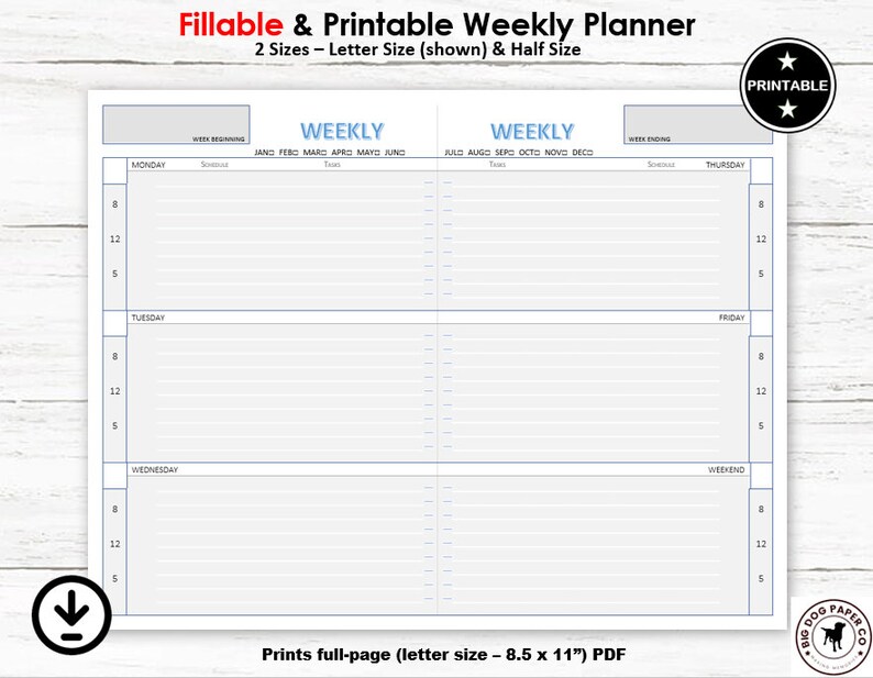 PRINTABLE & FILLABLE Weekly Planner Digital Planner Weekly - Etsy