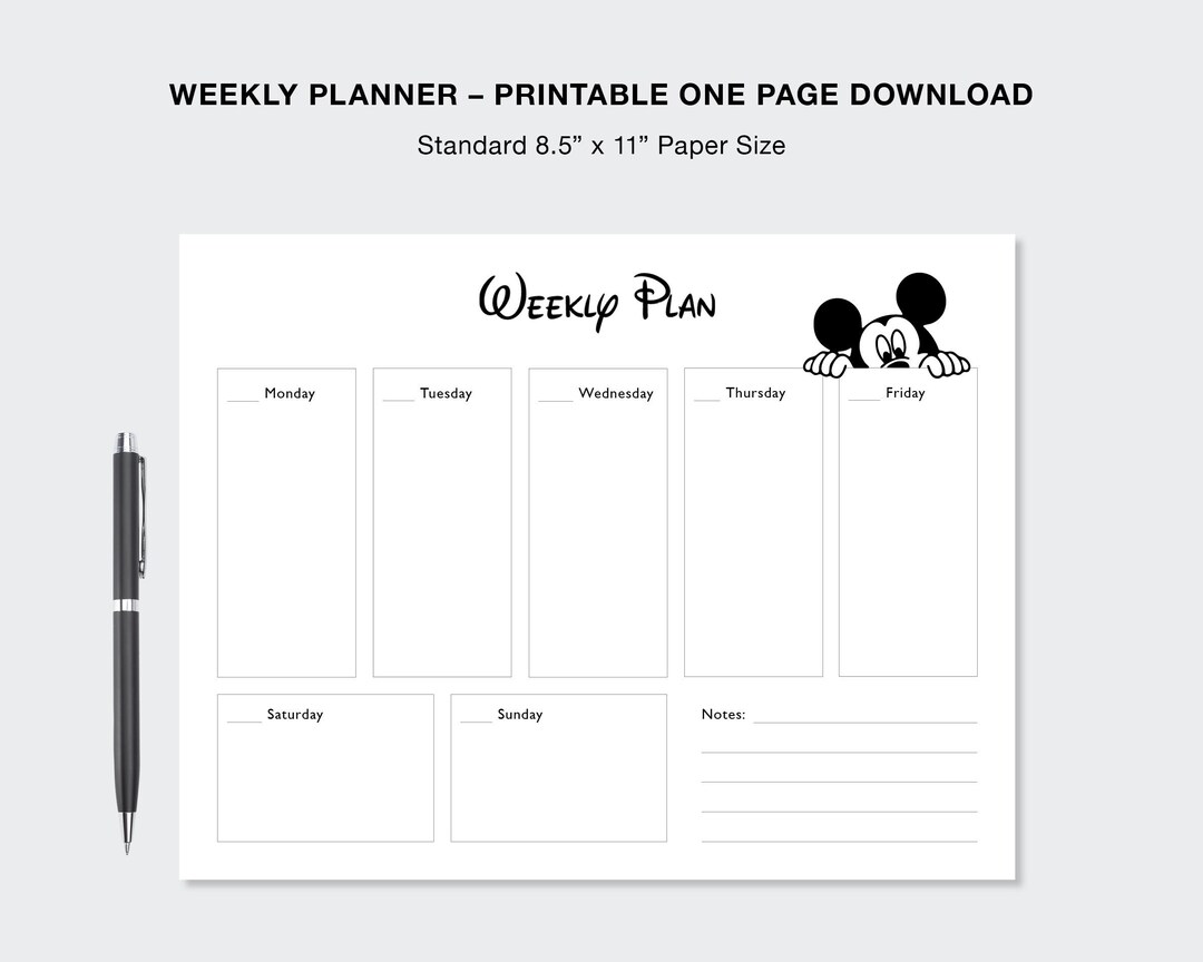 Disney Simple Weekly Planner, Printable Standard Paper Size 8.5x11, One ...