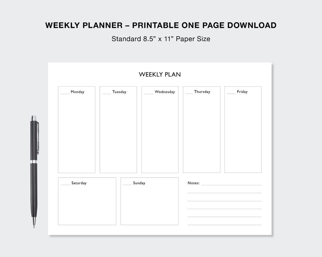 Simple Weekly Planner, Printable Standard Paper Size 8.5x11, One Page ...