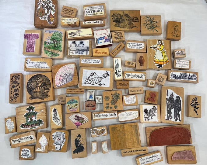 Vintage Rubber Stamp Lot: 66 Wood Mounted Stamps, Holiday, Animals ...