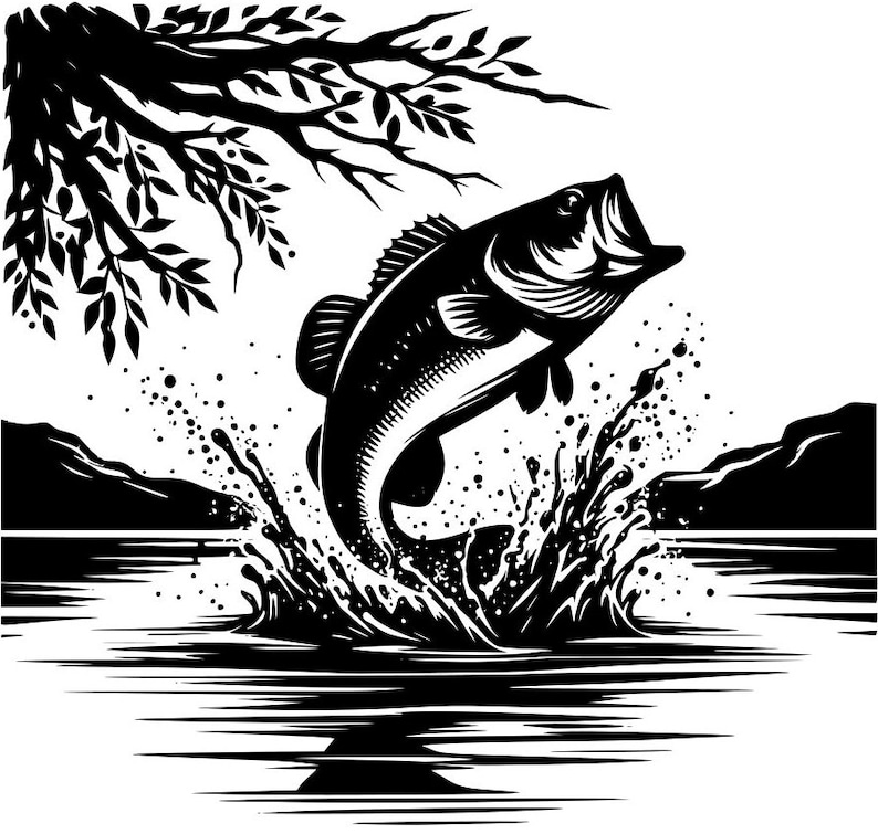 Hand-crafted Bass Jumping Out of Lake Design SVG Files for Silhouette ...