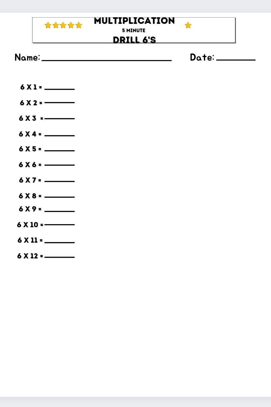 5 Multiplication 5 Minute Drills 6's to 10's - Etsy