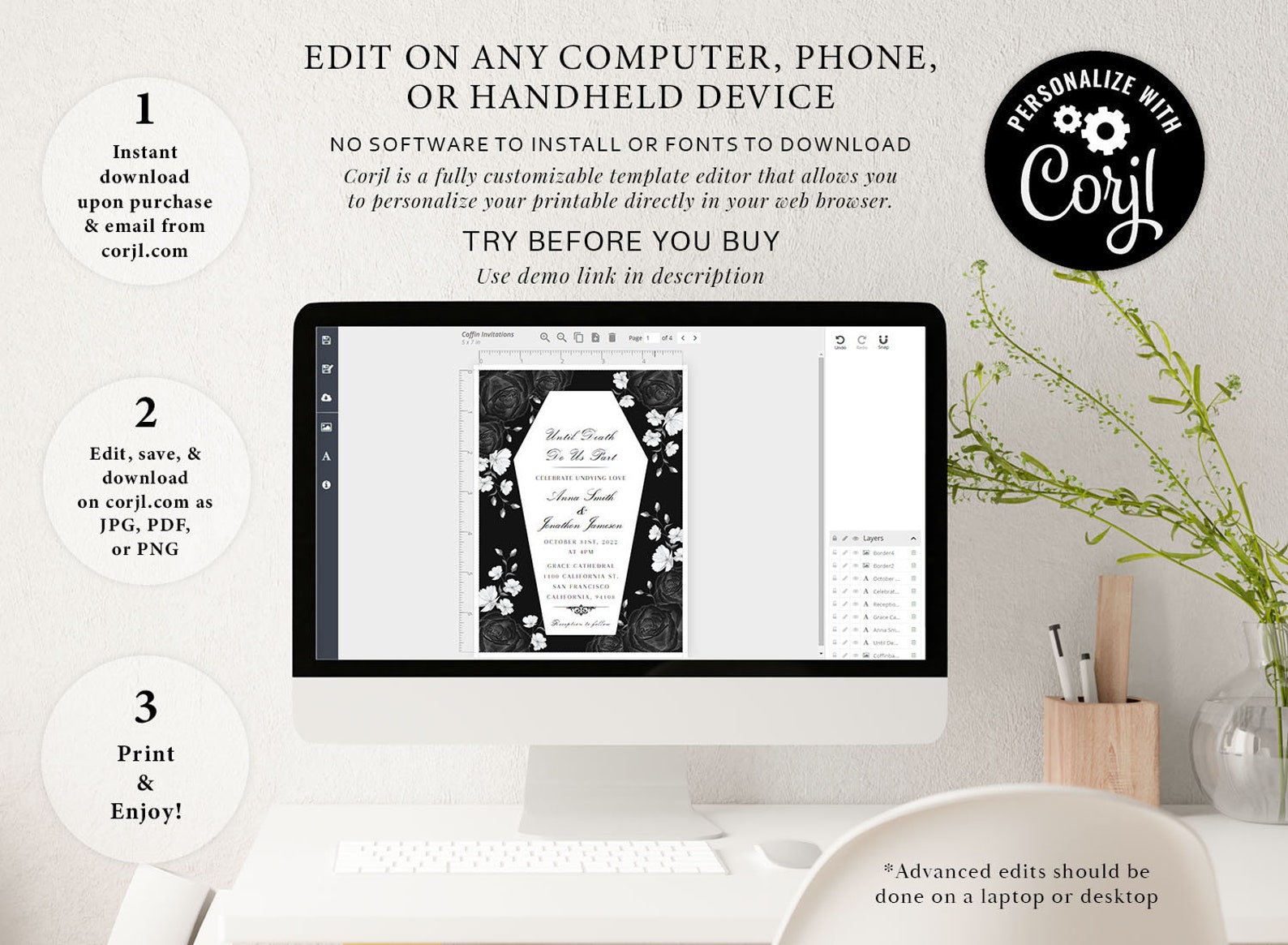 Editable Wedding Coffin Invitation, Digital Customizable Corjl Template ...