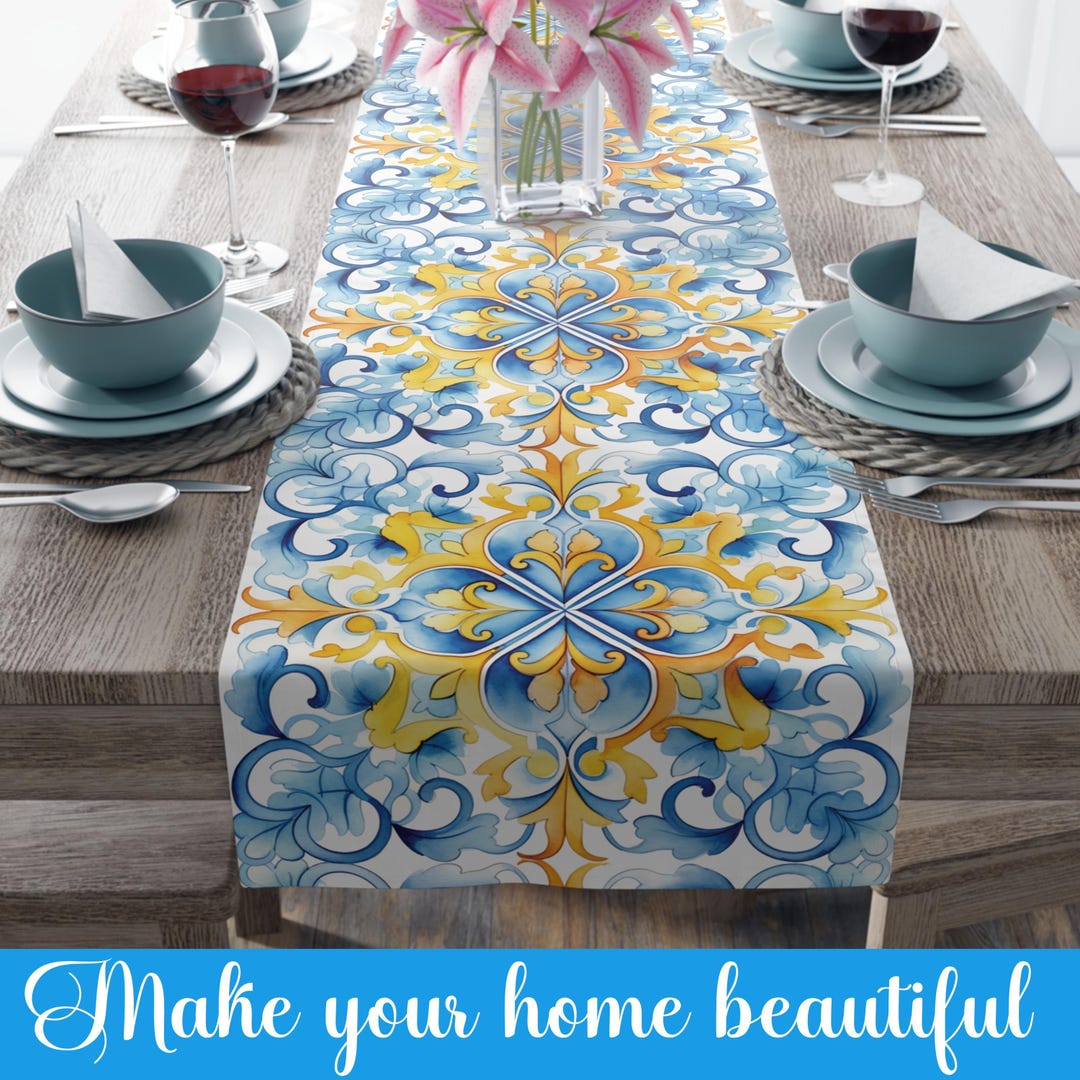 Sicilian Tile Table Runner: Italian Maiolica Decor, Polyester Dining - Etsy