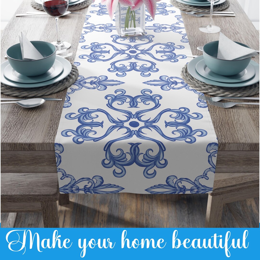 Blue & White Table Runner With Sicilian Tile Design, Dining Decor Decor ...