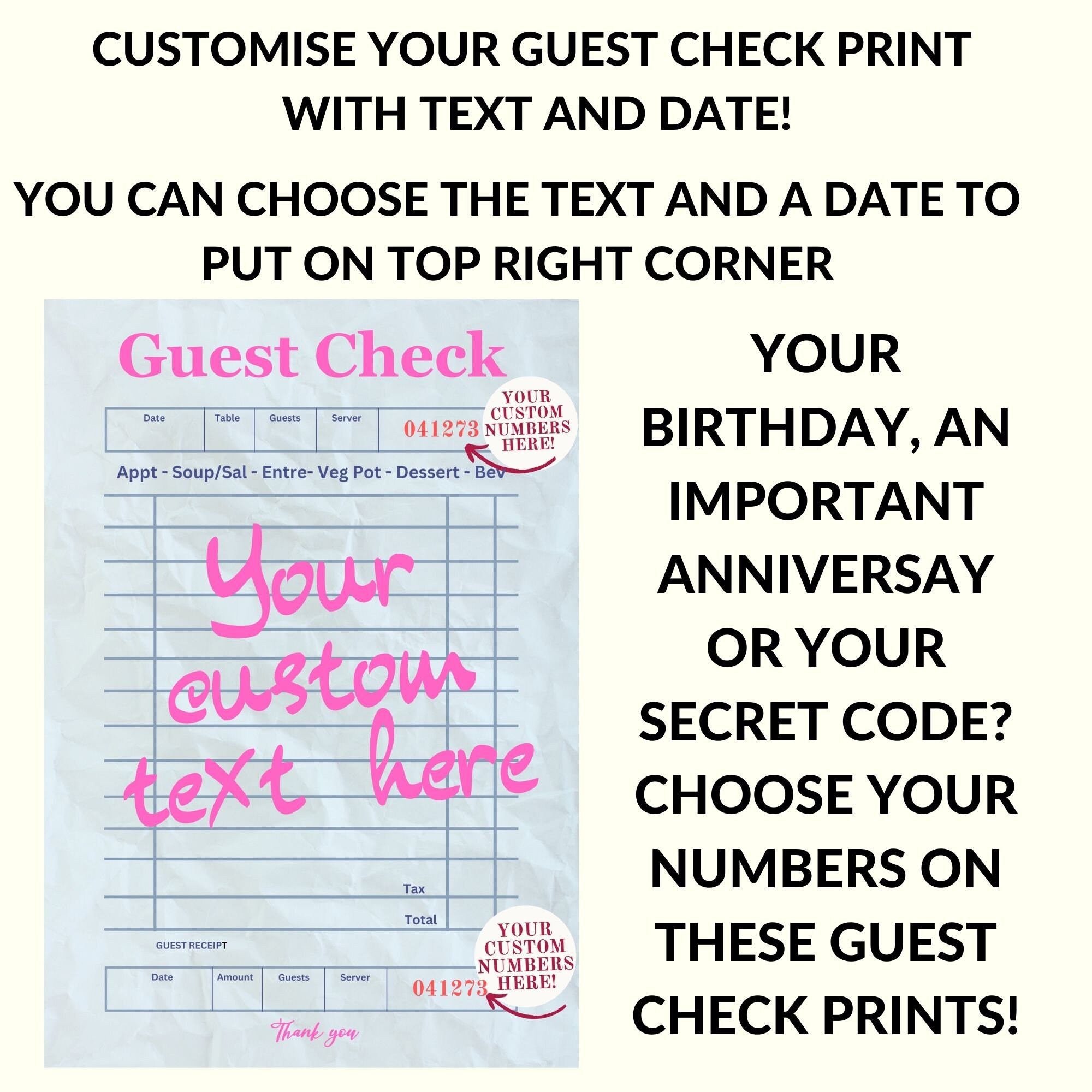 Custom Guest Check Art Print, Pick From 4 Color Options and Choose Your ...