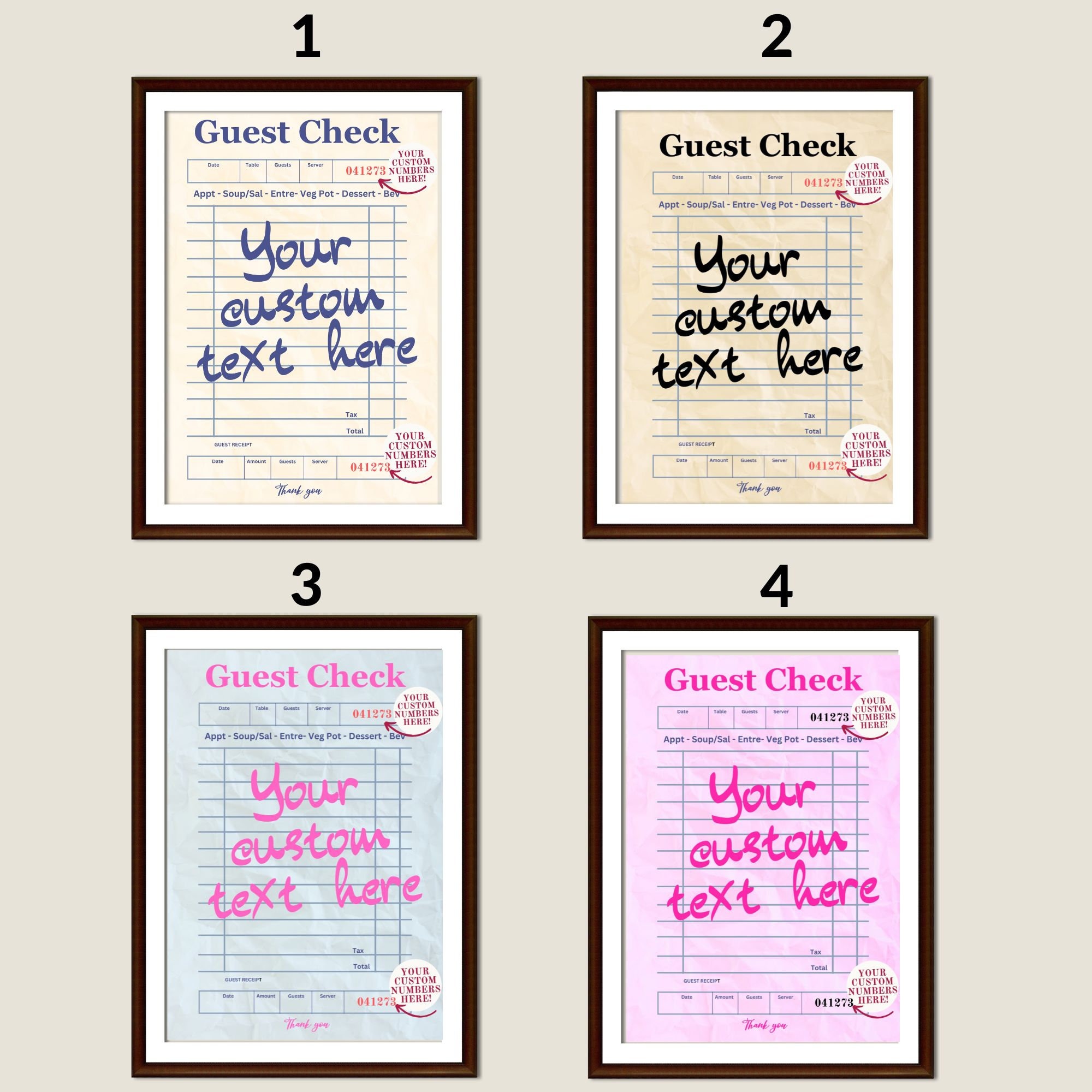 Custom Guest Check Art Print, Pick From 4 Color Options and Choose Your Text and Date, Guest ...