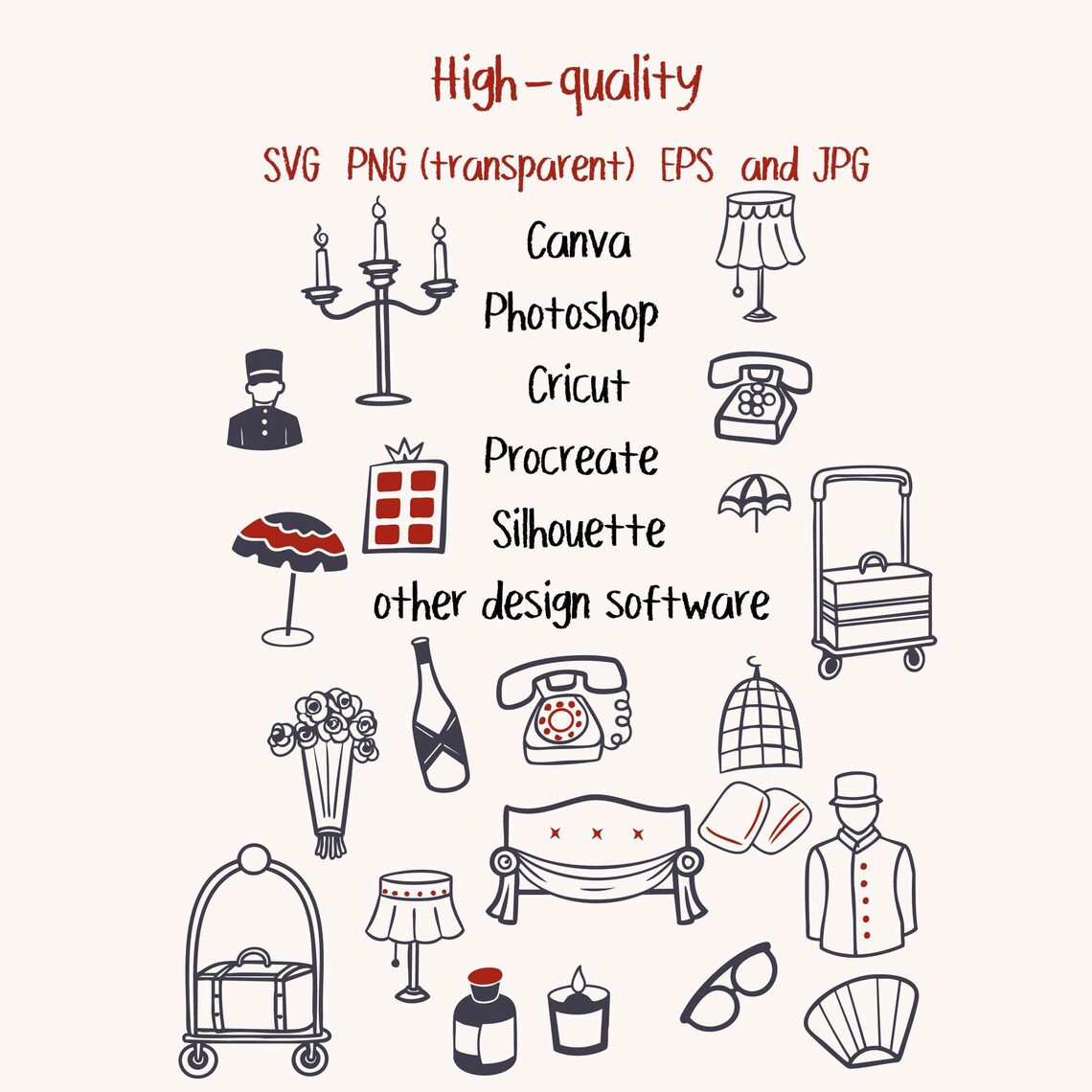 Luxury Hospitality Clipart , Hotel Aesthetic Line Art, Resort Travel ...
