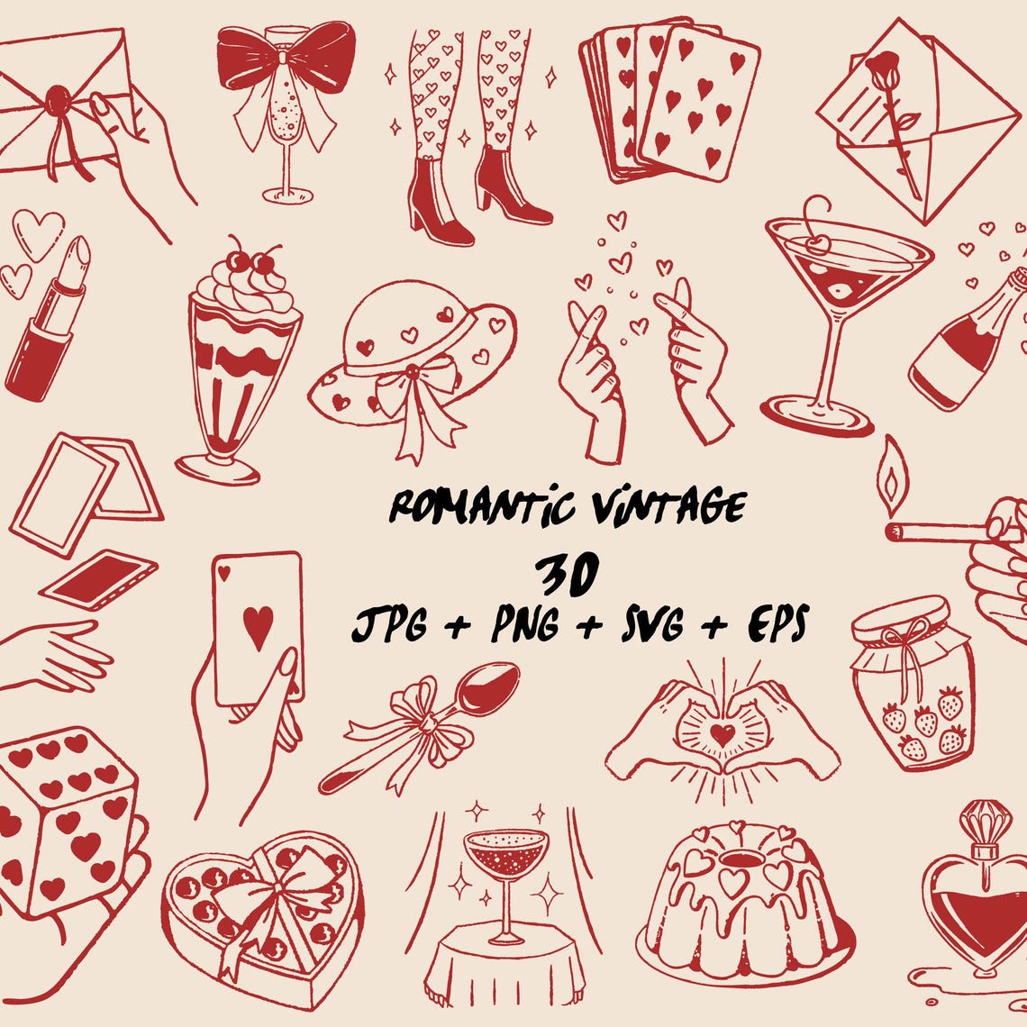 Love Aesthetic Doodle, Valentine’s Day Hand-drawn Icons, Retro Romance ...