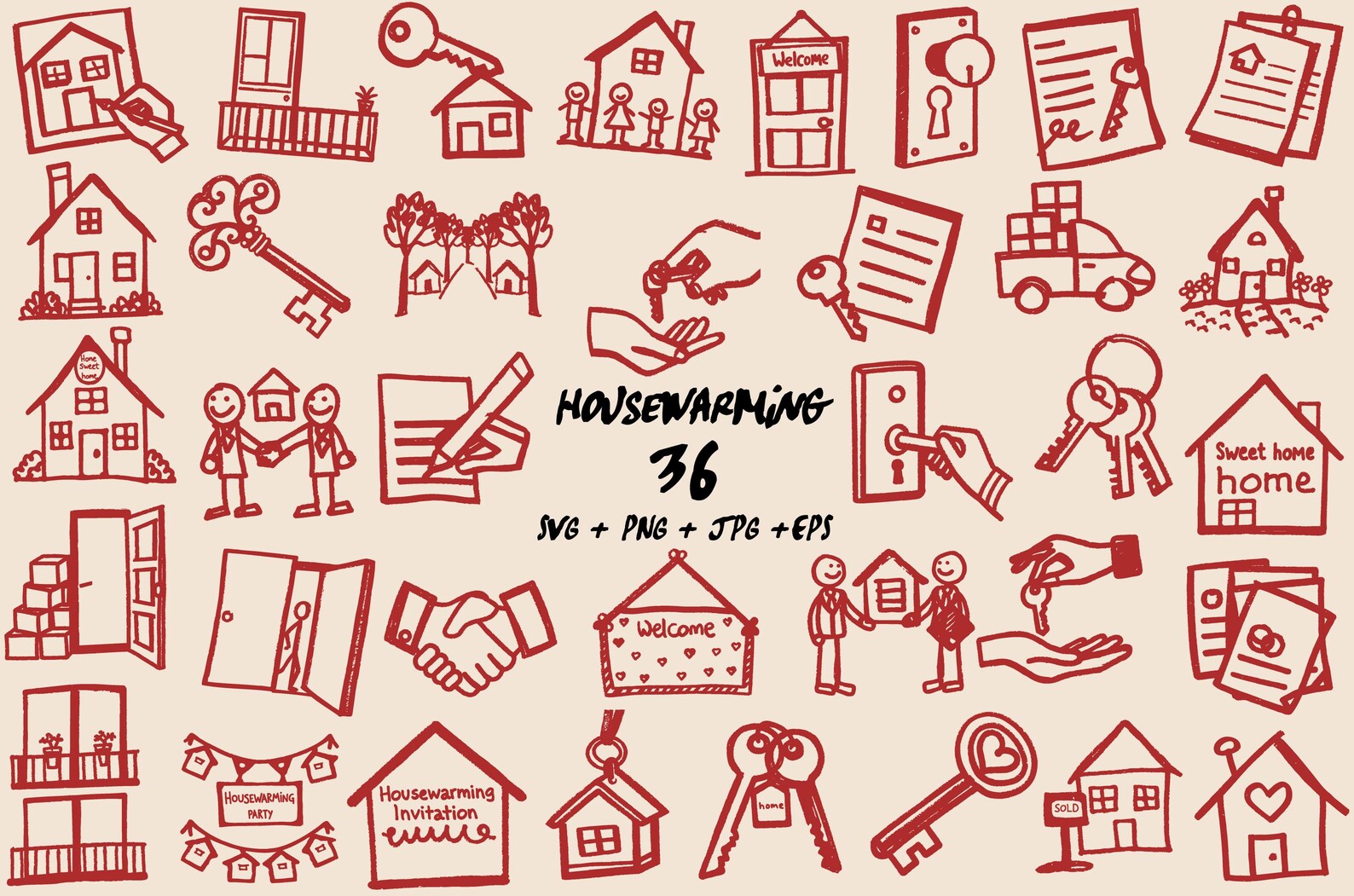 Housewarming Clipart Bundle SVG , New Home Doodle Icons PNG, Moving Day ...