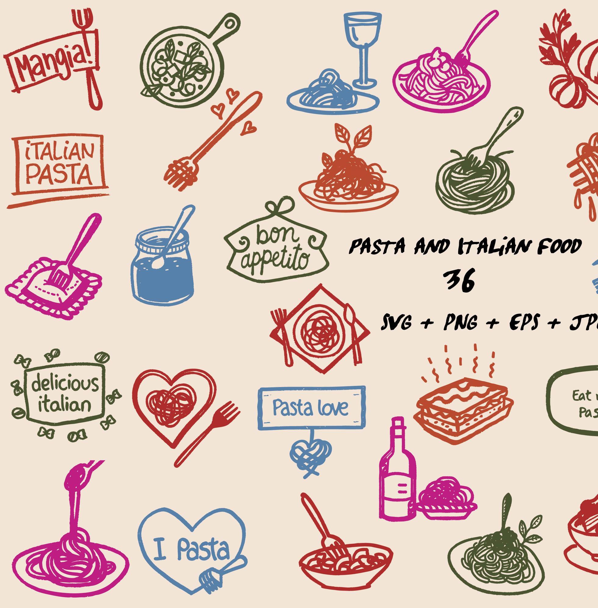 Italian Food Doodle Icons, Spaghetti Ravioli Lasagna Graphics ...
