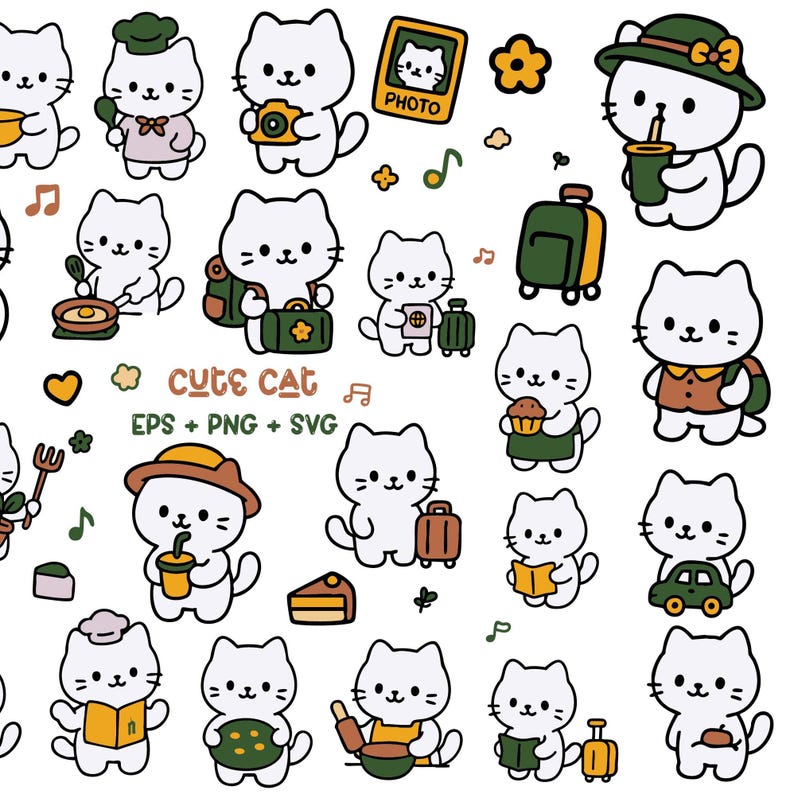 Cute Cat Clipart SVG Bundle , Gardening Cooking Traveling Reading ...