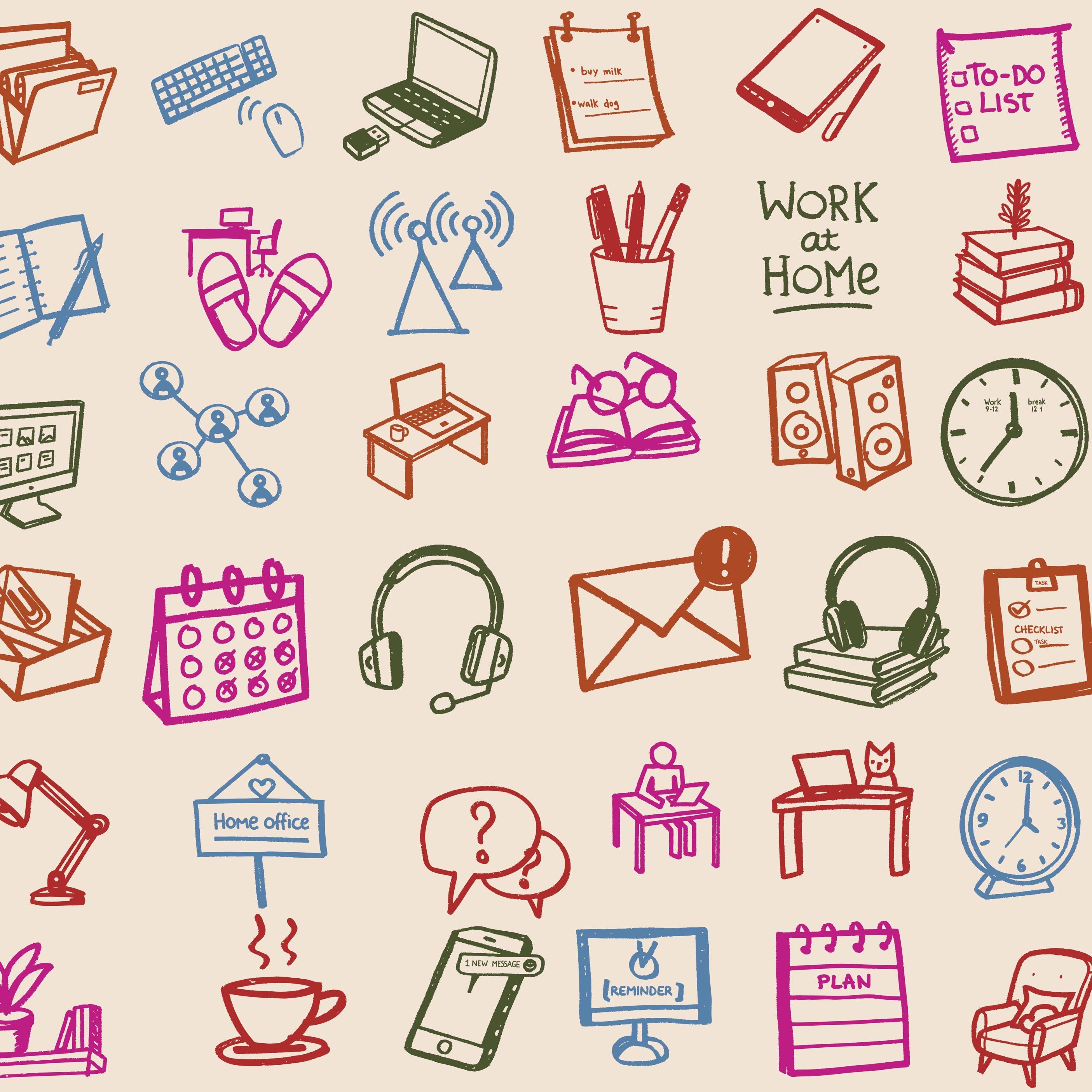 Remote Office Doodle Icons, Home Workspace Digital Planner Stickers ...