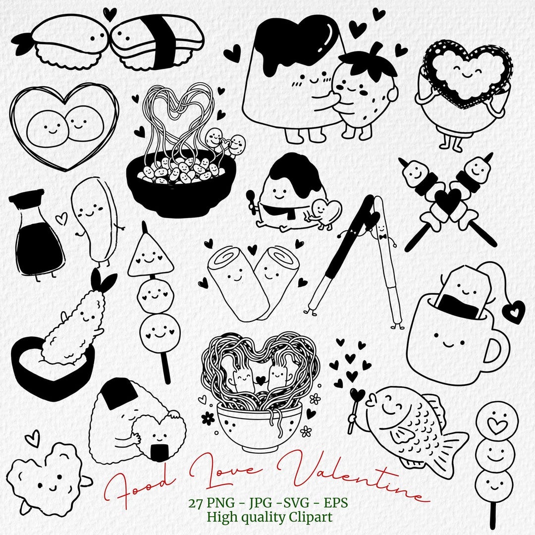 Food Love Valentine Clipart, Cute Kawaii Food Doodle Line Art, Romantic ...