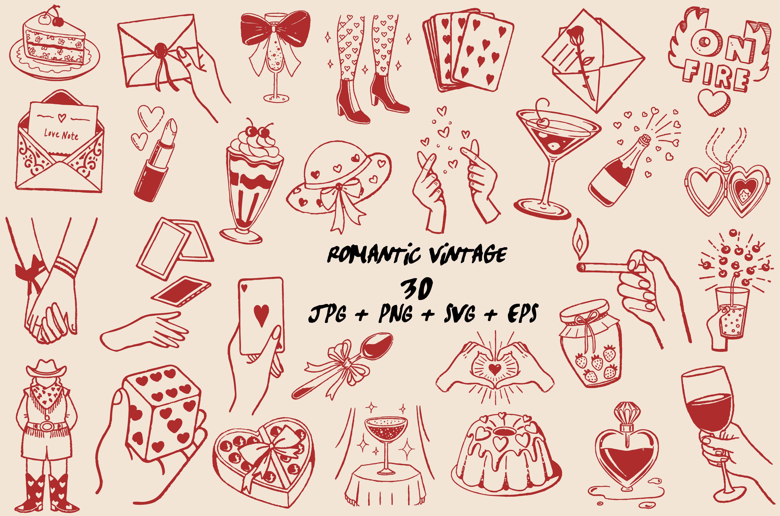 Love Aesthetic Doodle, Valentine’s Day Hand-drawn Icons, Retro Romance ...
