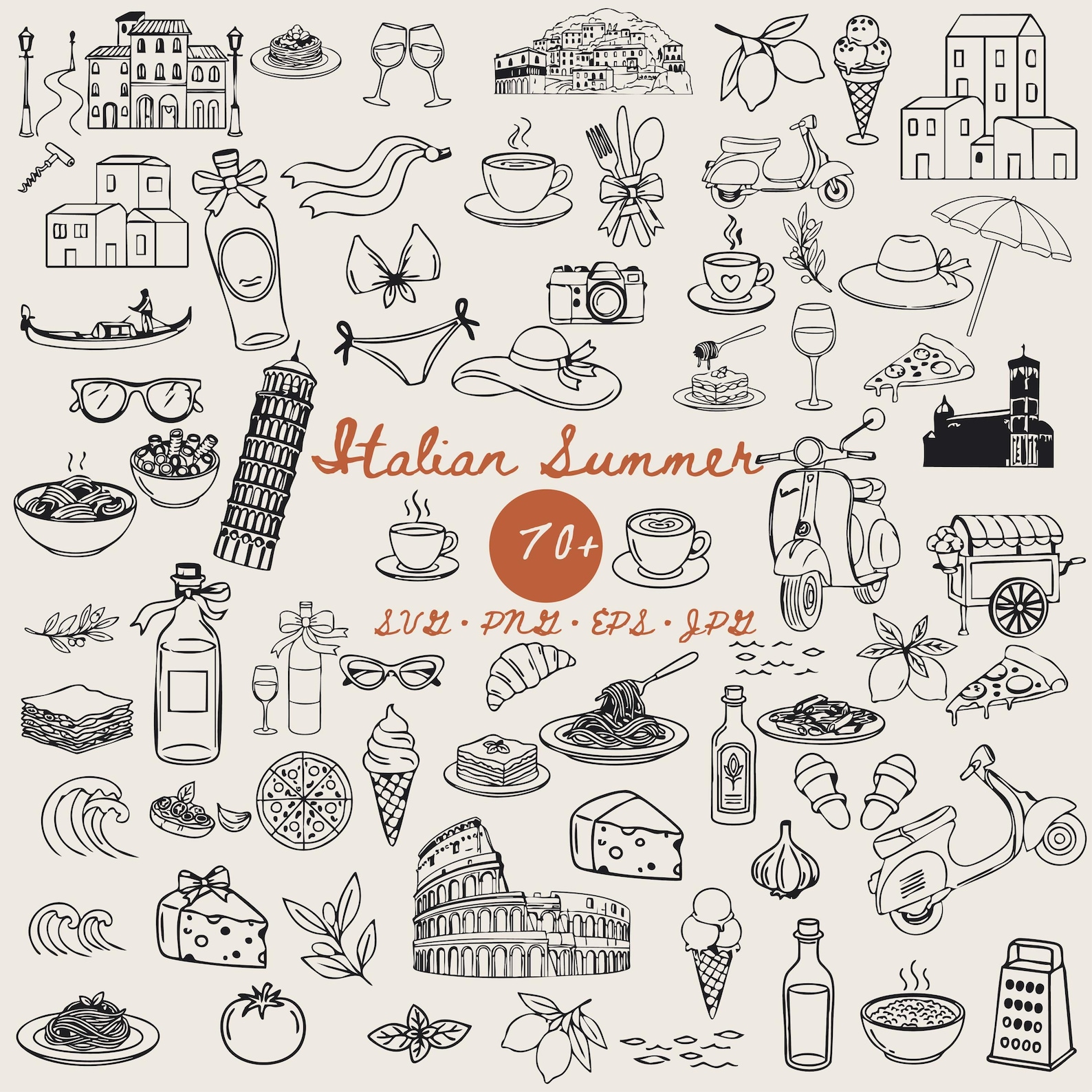 Italian Summer Clipart Bundle, Food & Travel Illustrations (digital ...