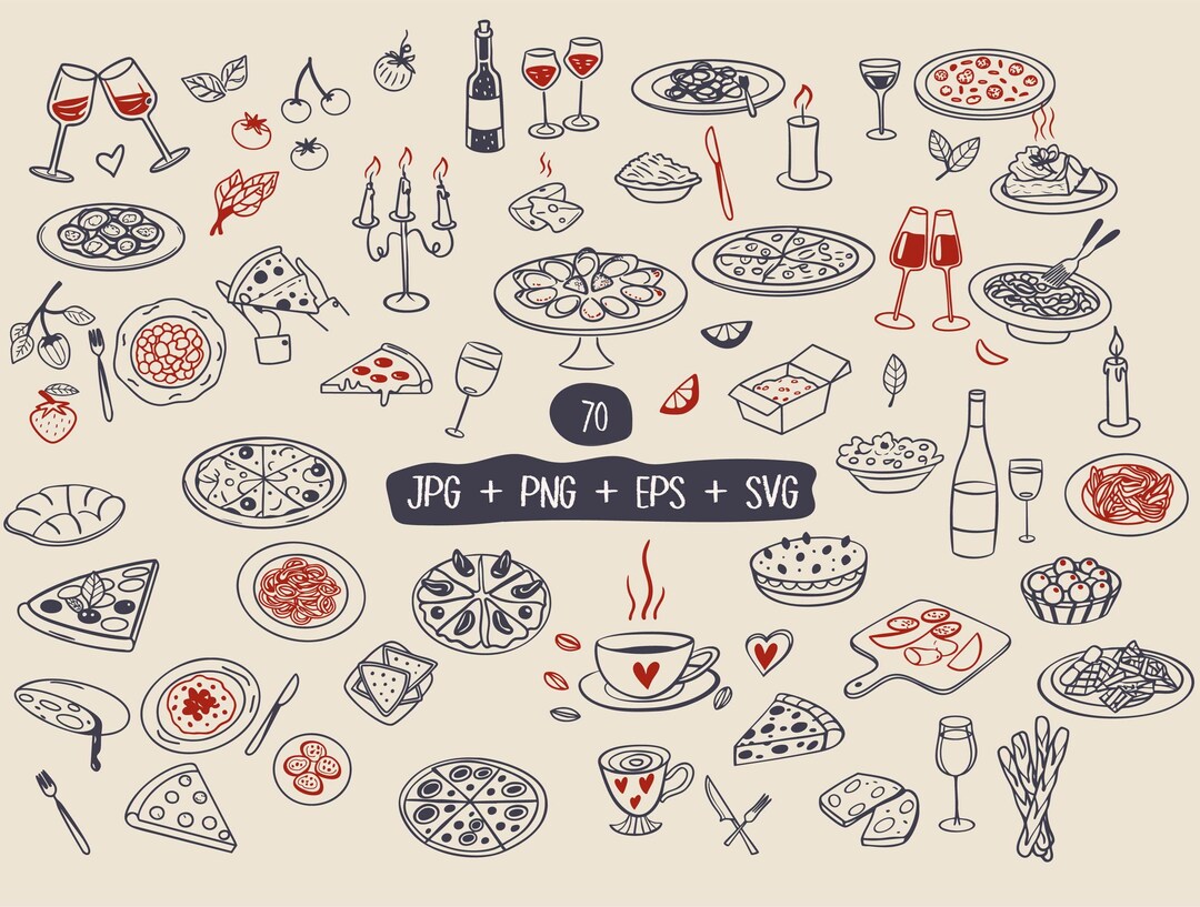 Italian Food Doodle Icons, Spaghetti Ravioli Lasagna Graphics ...