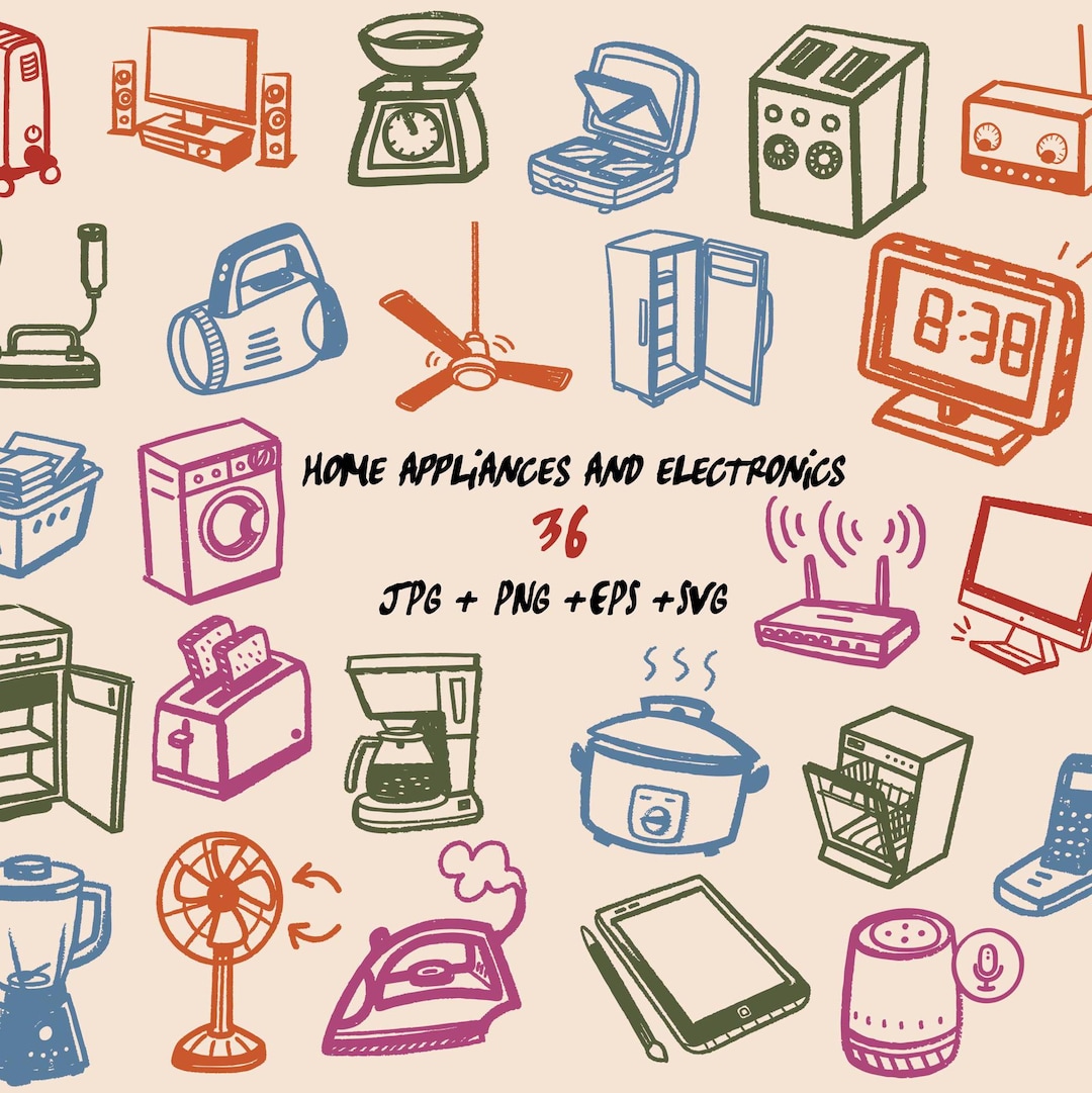 Home Appliances Clipart, Hand Drawn Electronics Icons, Kitchen Gadgets ...