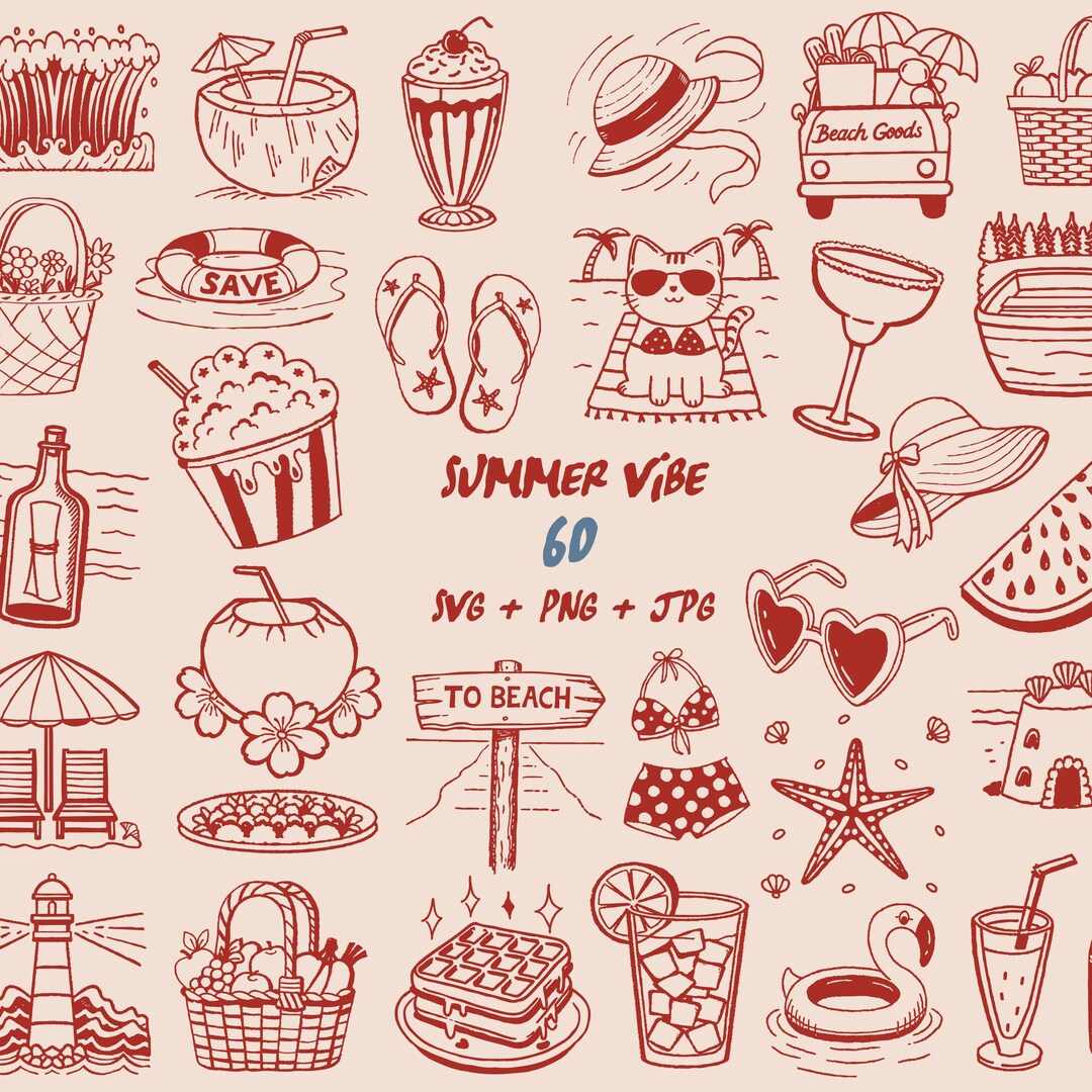 Beach Vacation Doodles: Summer Clipart SVG PNG JPG (60 Files) - Etsy