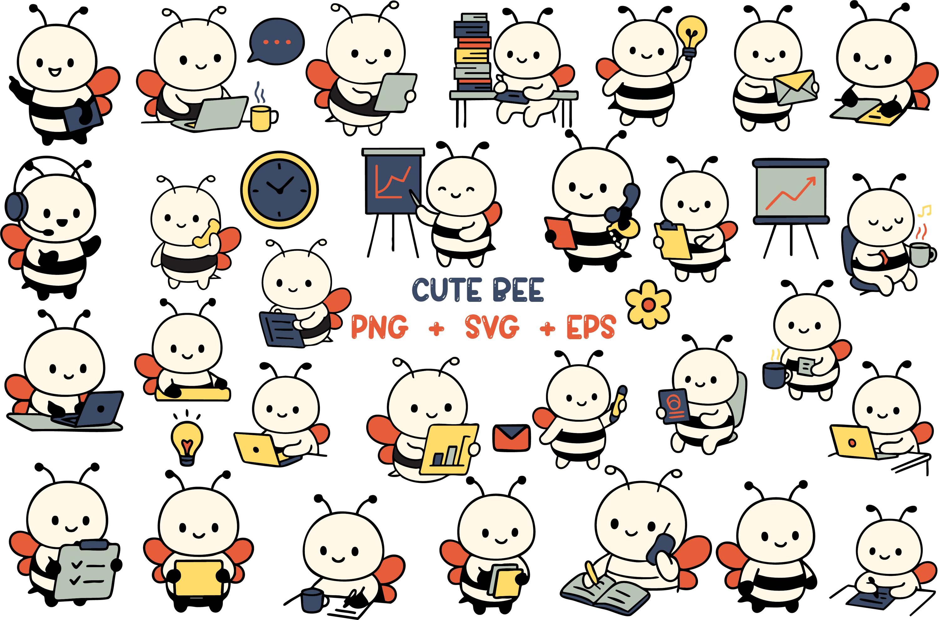 Busy Bee SVG Clipart Bundle , Cute Office Work Bee Illustrations for ...