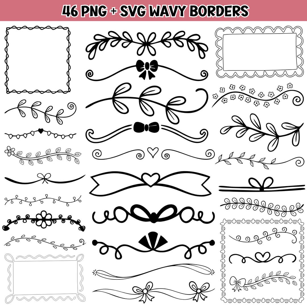 46 Wavy Squiggle Borders Bundle, Ribbon Svg, Bow Svg, Bows and Wavy ...