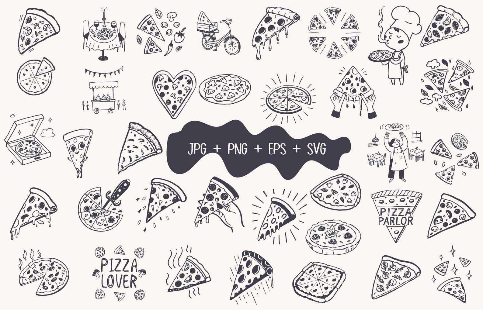 Pizza Doodle Clipart: Italian Food SVG PNG, Chef Graphics (digital Art ...