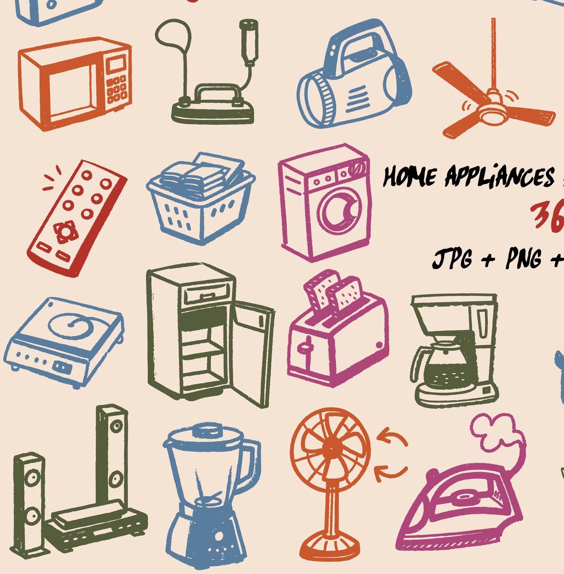 Home Appliances Clipart, Hand Drawn Electronics Icons, Kitchen Gadgets ...