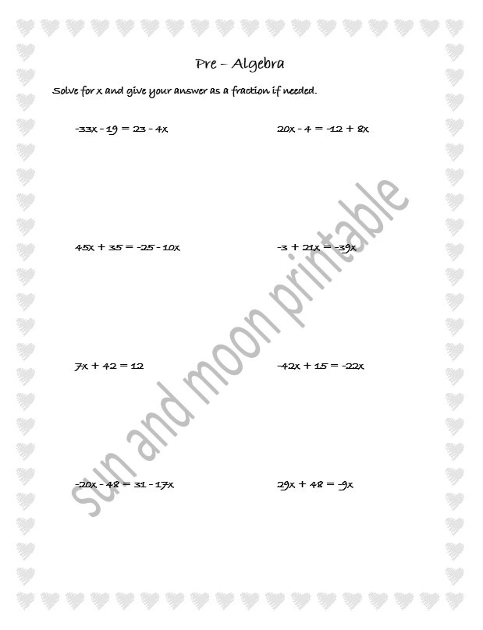 Pre-algebra Worksheet 20 Printable Pages, 160 Exercises, for ...
