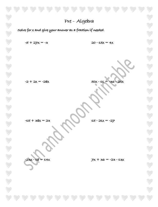 Pre-algebra Worksheet 20 Printable Pages, 160 Exercises, for ...