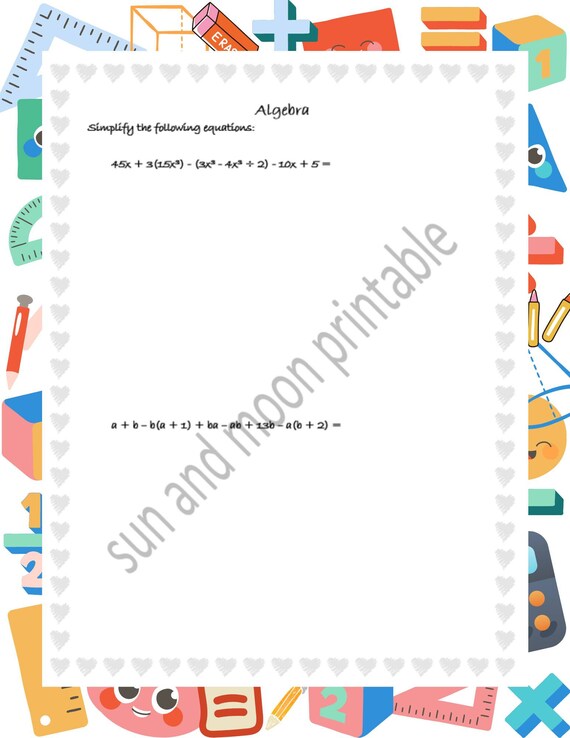 Algebra Worksheet 20 Printable Pages 40 Exercises for | Etsy