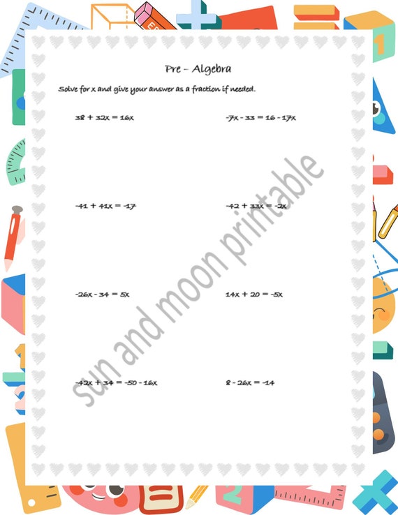 Pre-algebra Worksheet 20 Printable Pages 160 Exercises for | Etsy