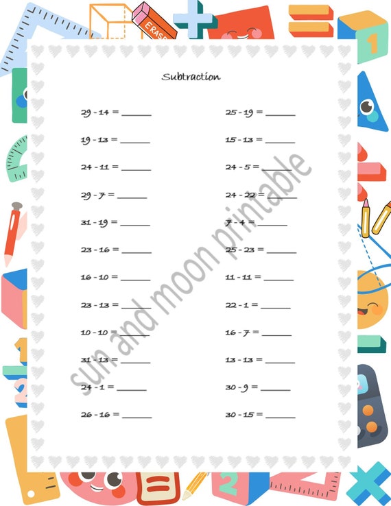 Subtraction Worksheet 20 Printable Pages 480 Exercises for | Etsy