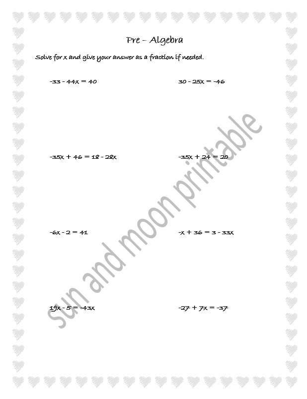Pre-algebra Worksheet 20 Printable Pages, 160 Exercises, for ...