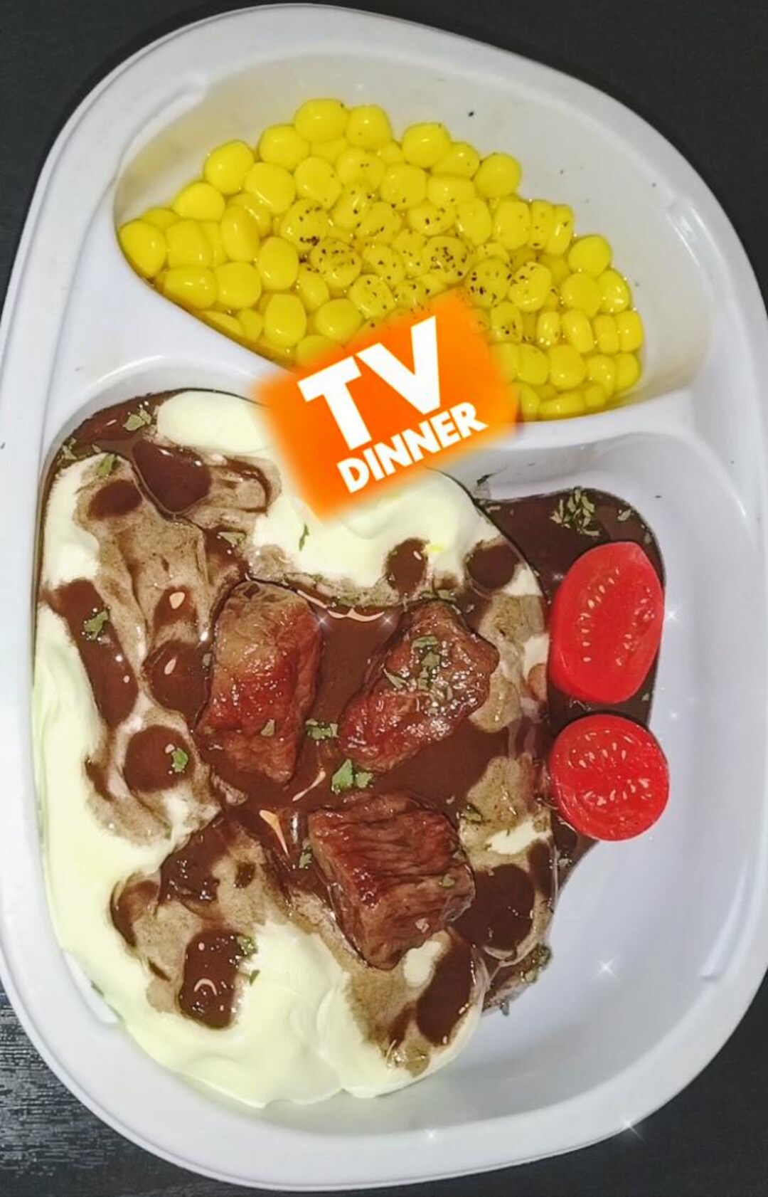 Faux TV Dinner Roasted Herb Mashed Potatoes and Beef Tips/ Fake Beef ...