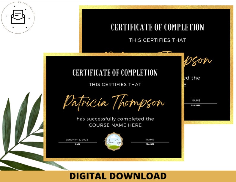 DIY Certificate of Completion, Simple Template, Bundle, Gold Black ...