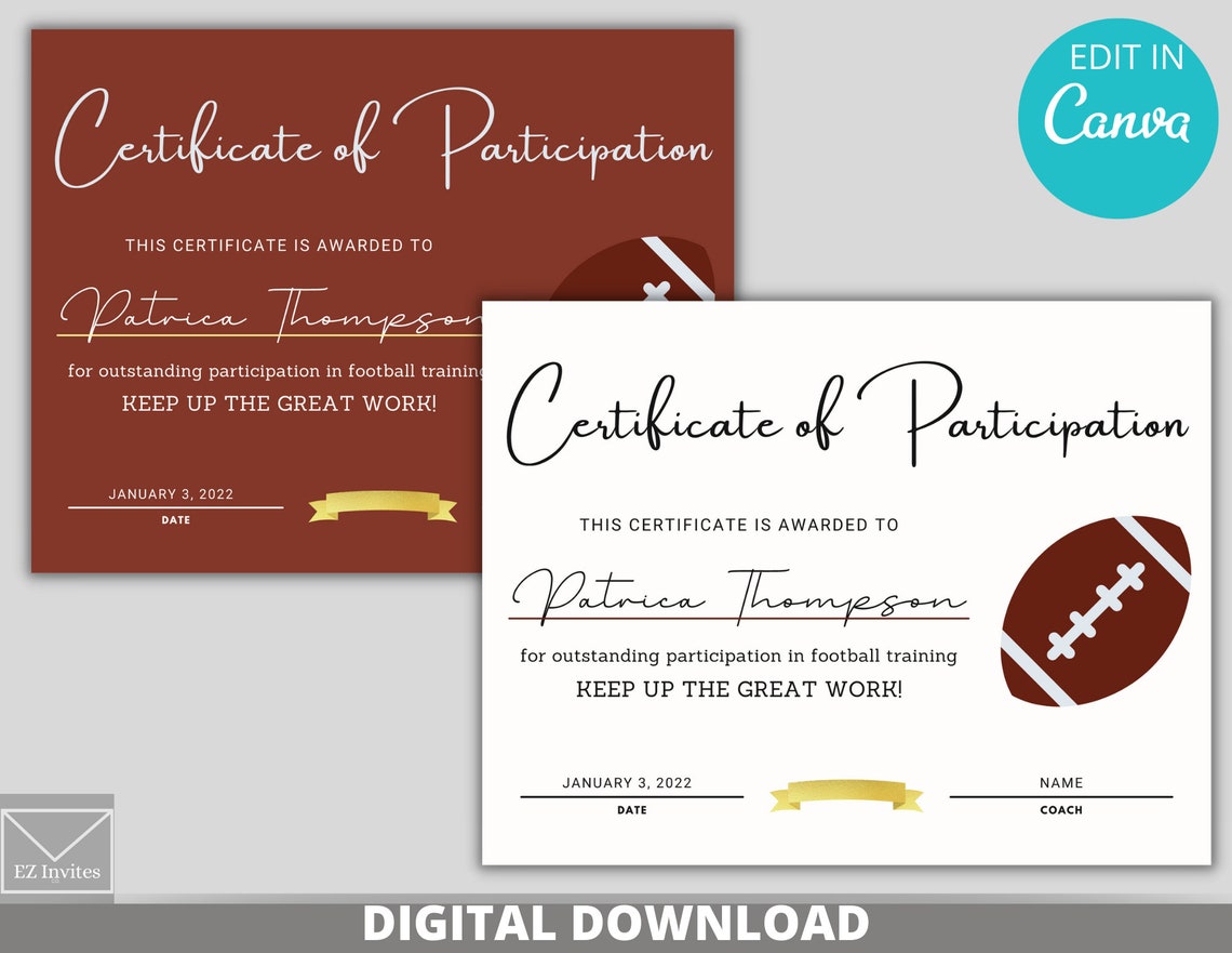 Football Certificate Template: DIY Participation Award (canva Editable ...
