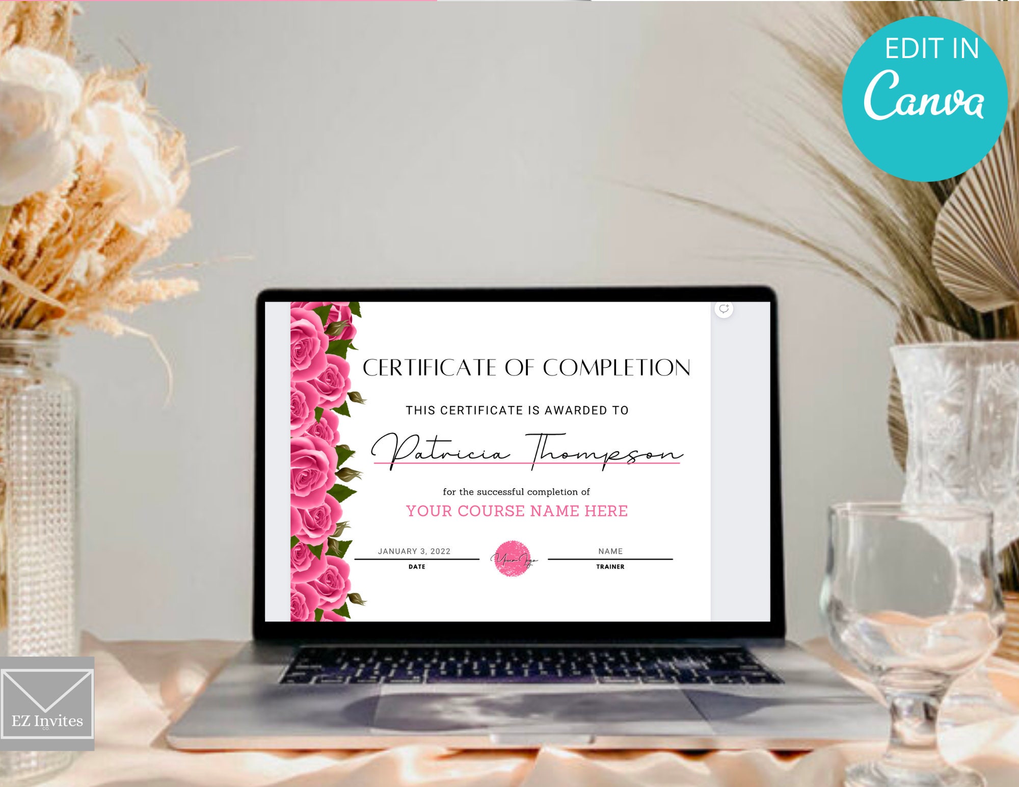 DIY Certificate of Completion Pink Roses Template Bundle - Etsy