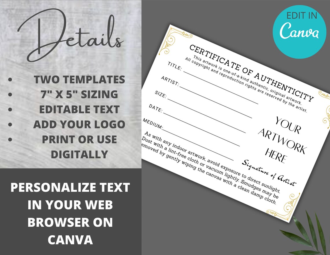 Gold Certificate of Authenticity Template: Artist DIY Canva (digital ...