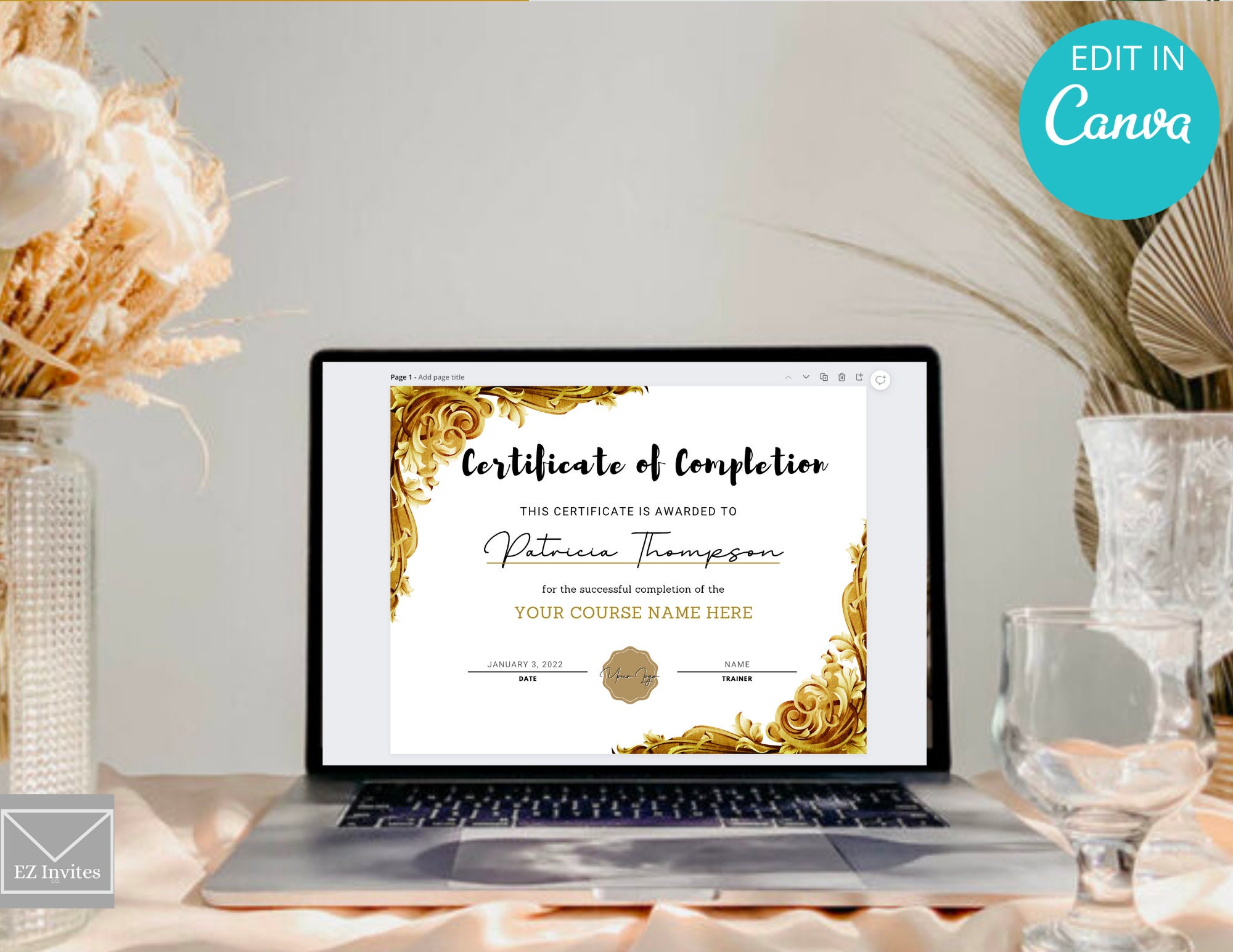 DIY Gold Certificate of Completion, Easy Template, Bundle, Editable ...