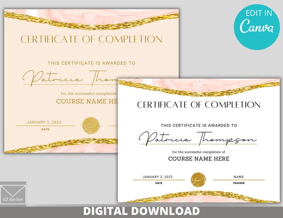 DIY Certificate of Completion Simple Template Bundle Pink | Etsy