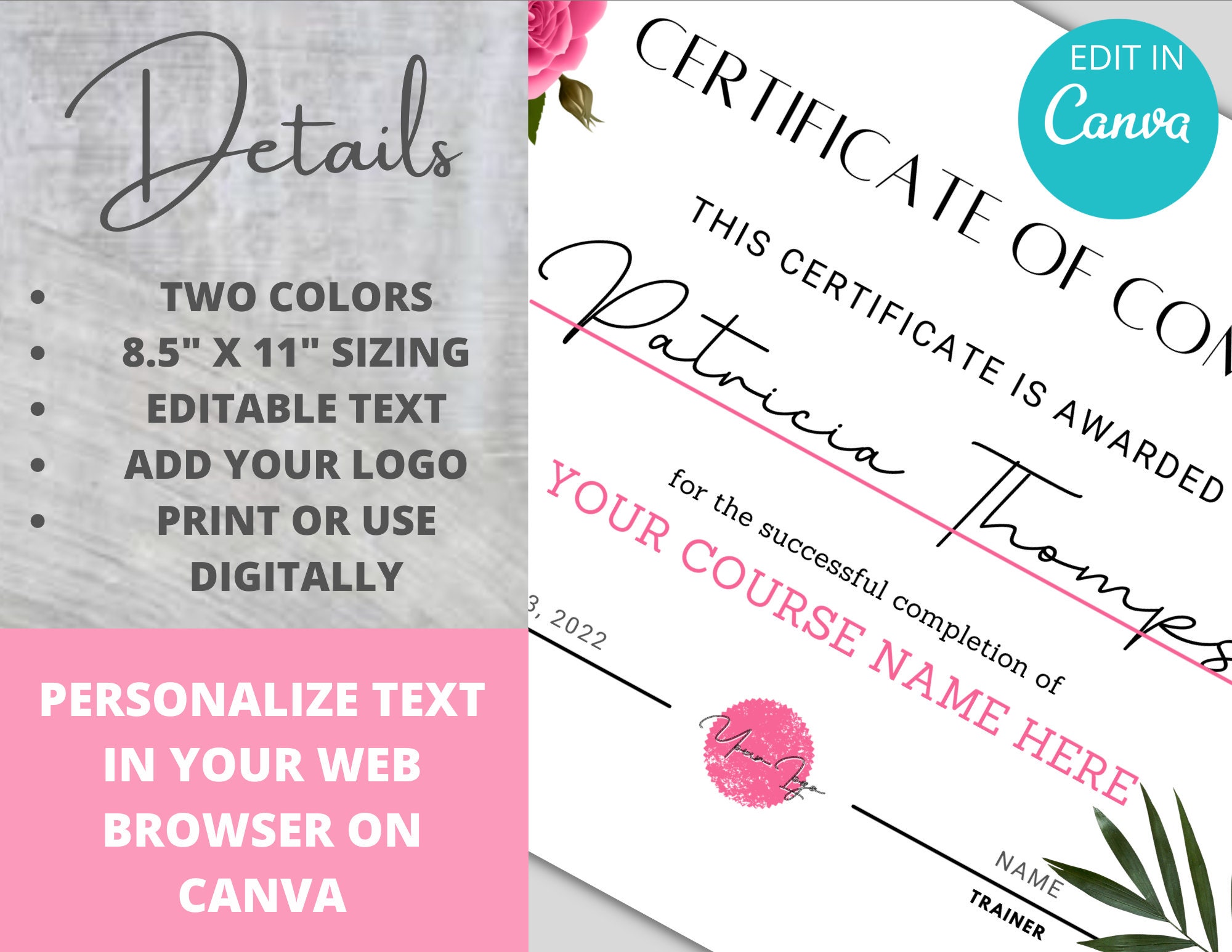 DIY Certificate of Completion Pink Roses Template Bundle - Etsy