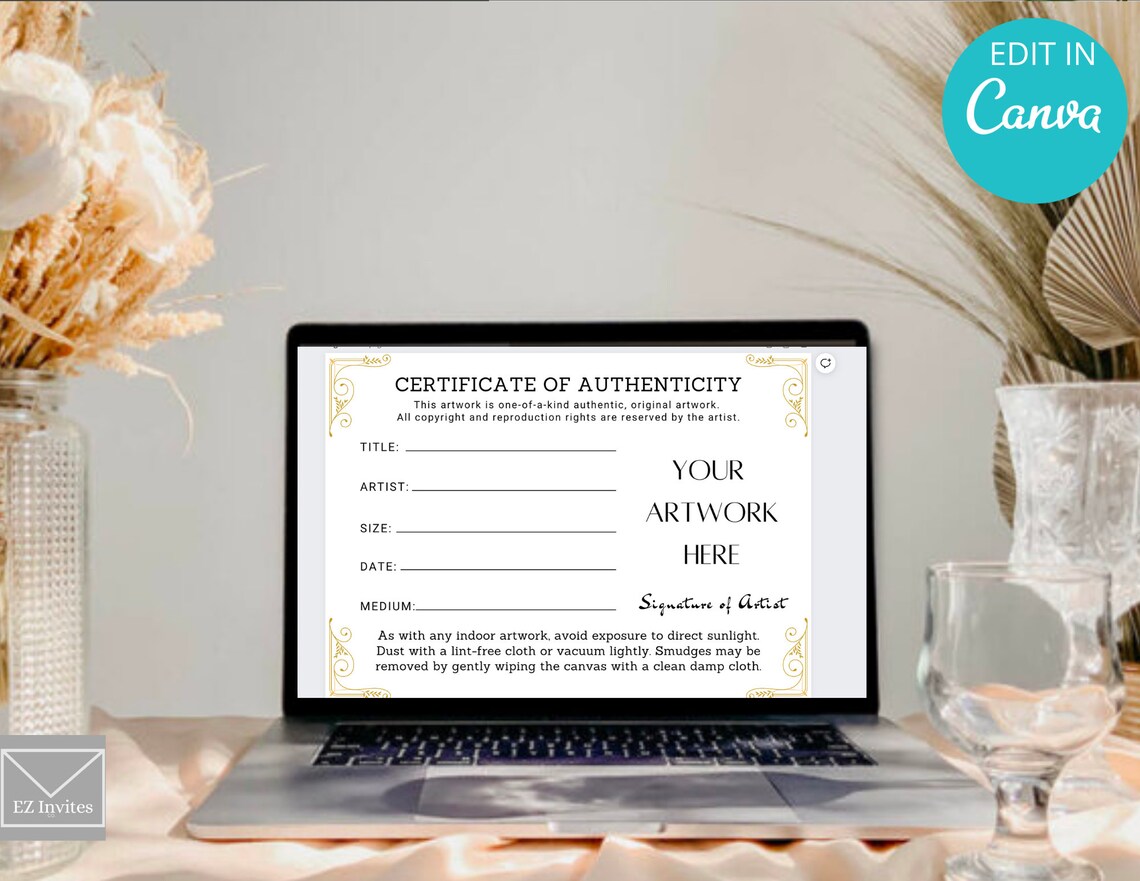 Gold Certificate of Authenticity Template: Artist DIY Canva (digital ...