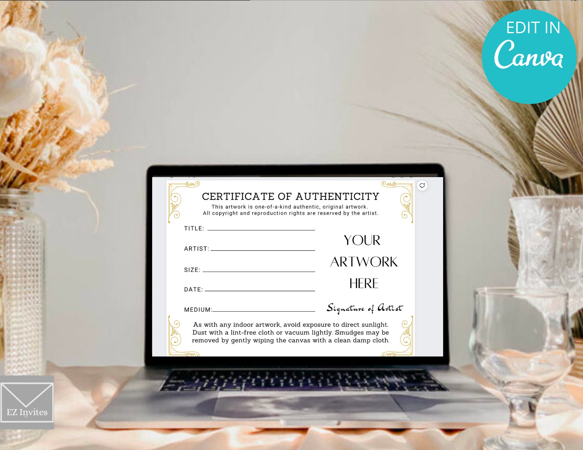 Gold Certificate of Authenticity Template: Artist DIY Canva (digital ...