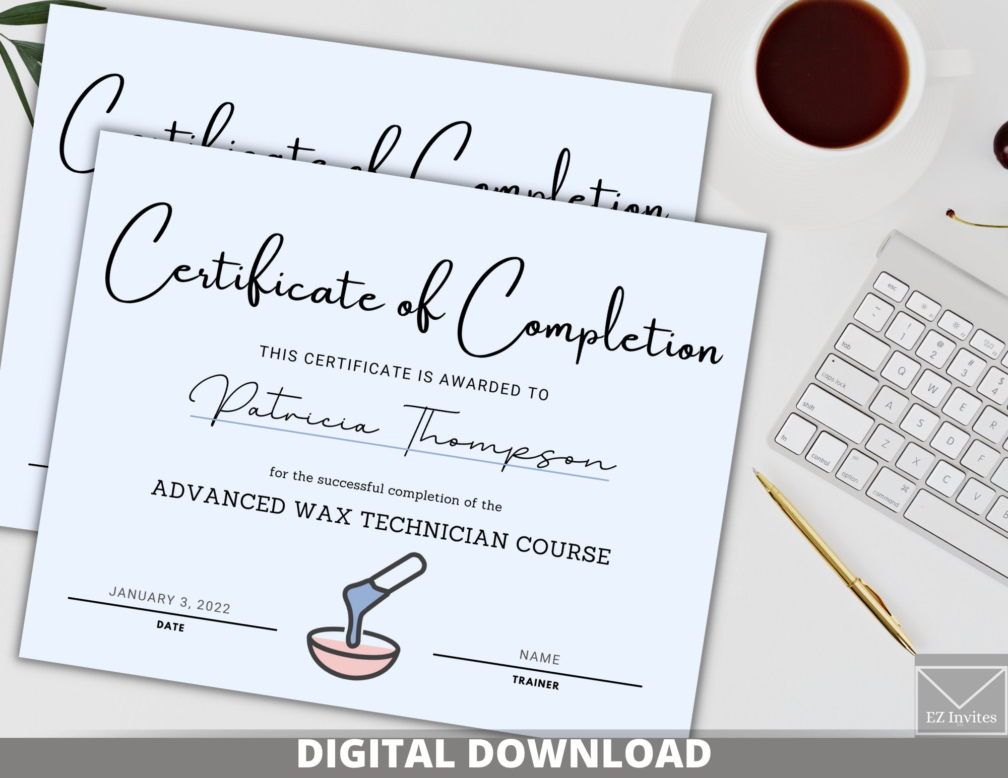 DIY Waxing Certificate of Completion, Simple Template, Bundle of 2 ...
