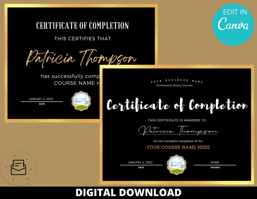 DIY Certificate of Completion, Simple Template, Bundle, Gold Black ...