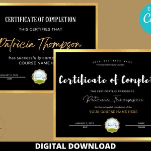 DIY Certificate of Completion, Simple Template, Bundle, Gold Black ...